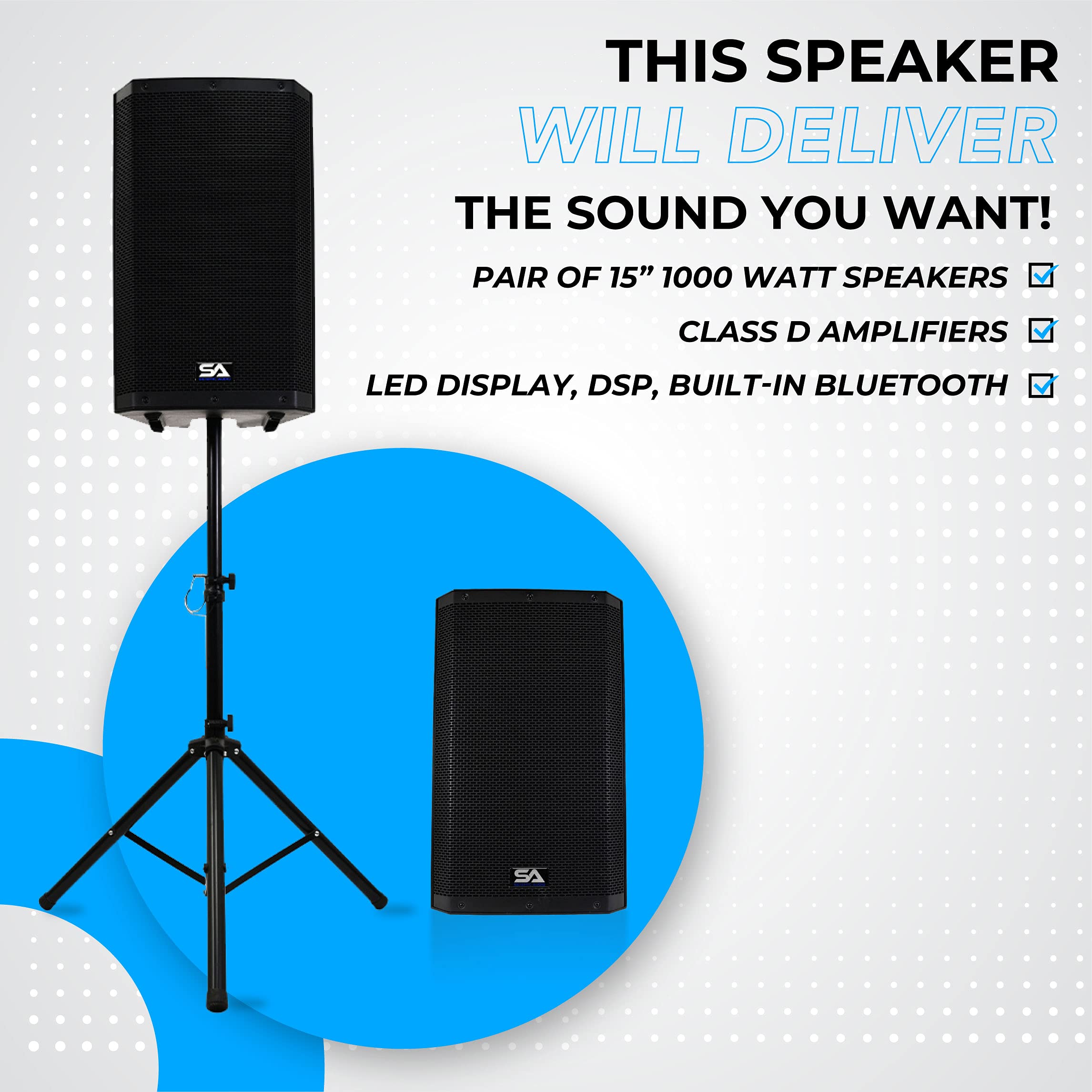 Seismic Audio Speakers Riot-15, Pair of Powered 1000 Watt PA/DJ Speaker with Bluetooth, 15 Inch Speaker, DSP, Built in Mixer & Class D Amplifier