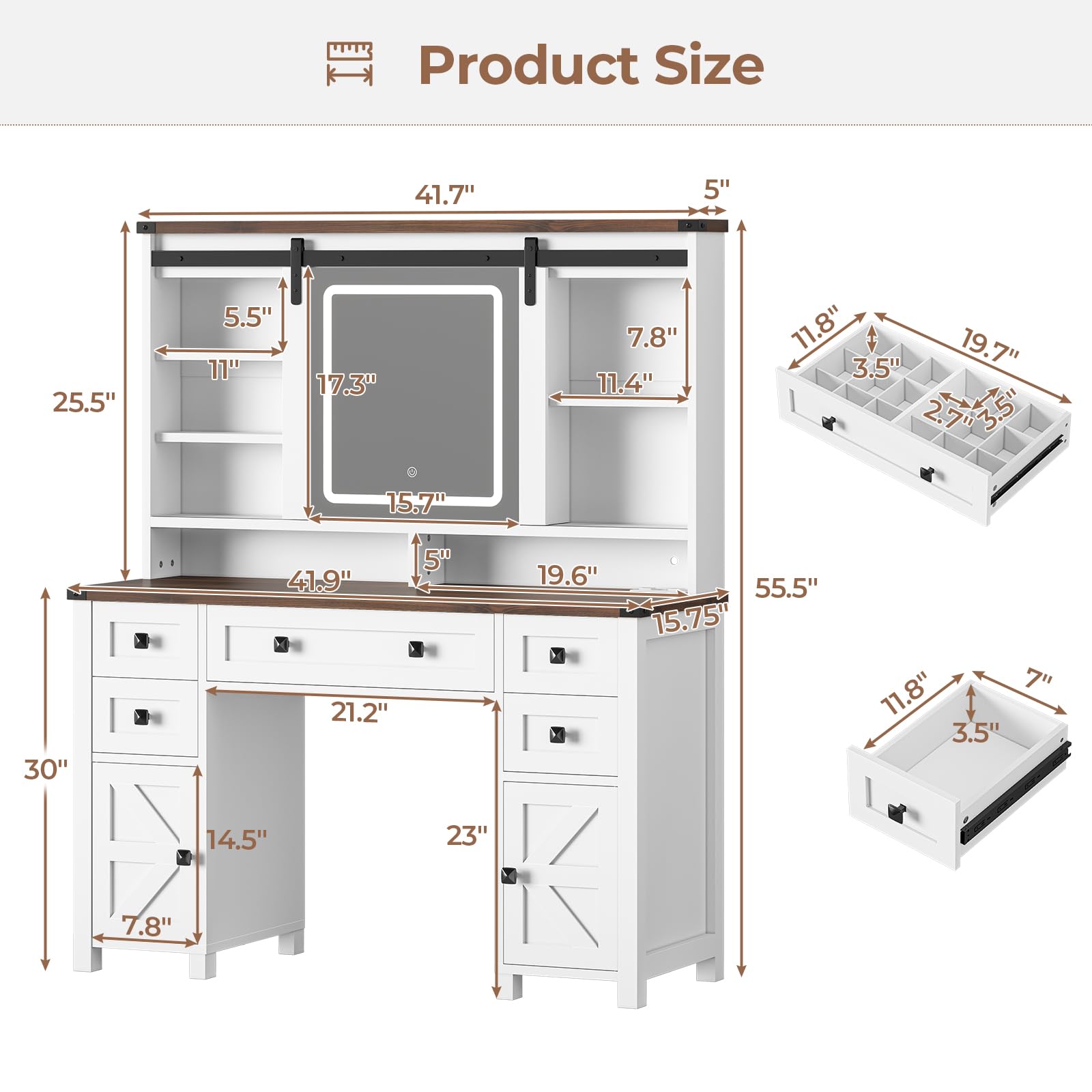 DICTAC Farmhouse Makeup Vanity Desk with Sliding Mirror and Lights Vanity Table with Charging Station,5 Drawers and 2 Cabinets Rustic Vanity Set for Bedroom with Hidden & Open Shelves,White+Walnut