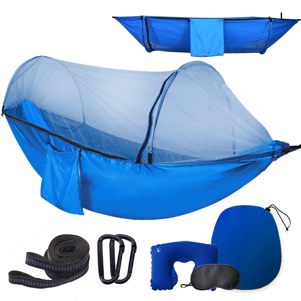 Camping Hammock with Mosquito Bug Netting,Parachute Nylon Hanging Swing Hammock for Backpacking, Survival, Travel & More(Single & Double)- Blue