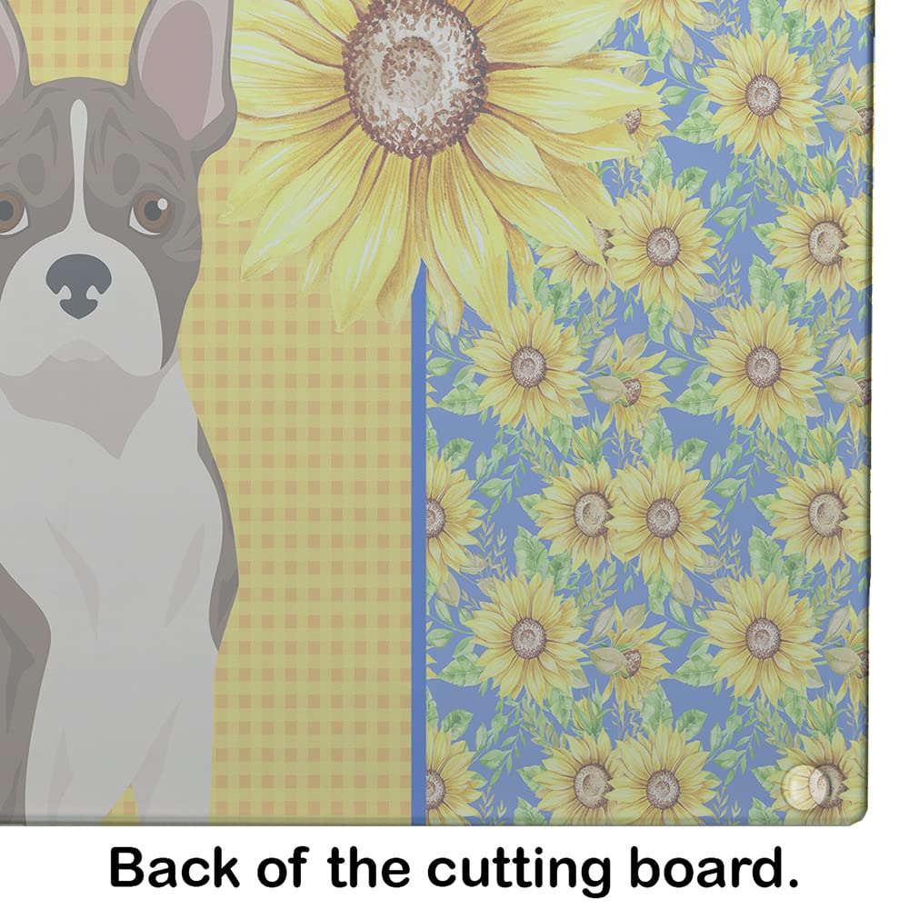 Caroline's Treasures WDK5337LCB Summer Sunflowers Brindle Boston Terrier Glass Cutting Board Large Decorative Tempered Glass Kitchen Cutting and Serving Board Large Size Chopping Board