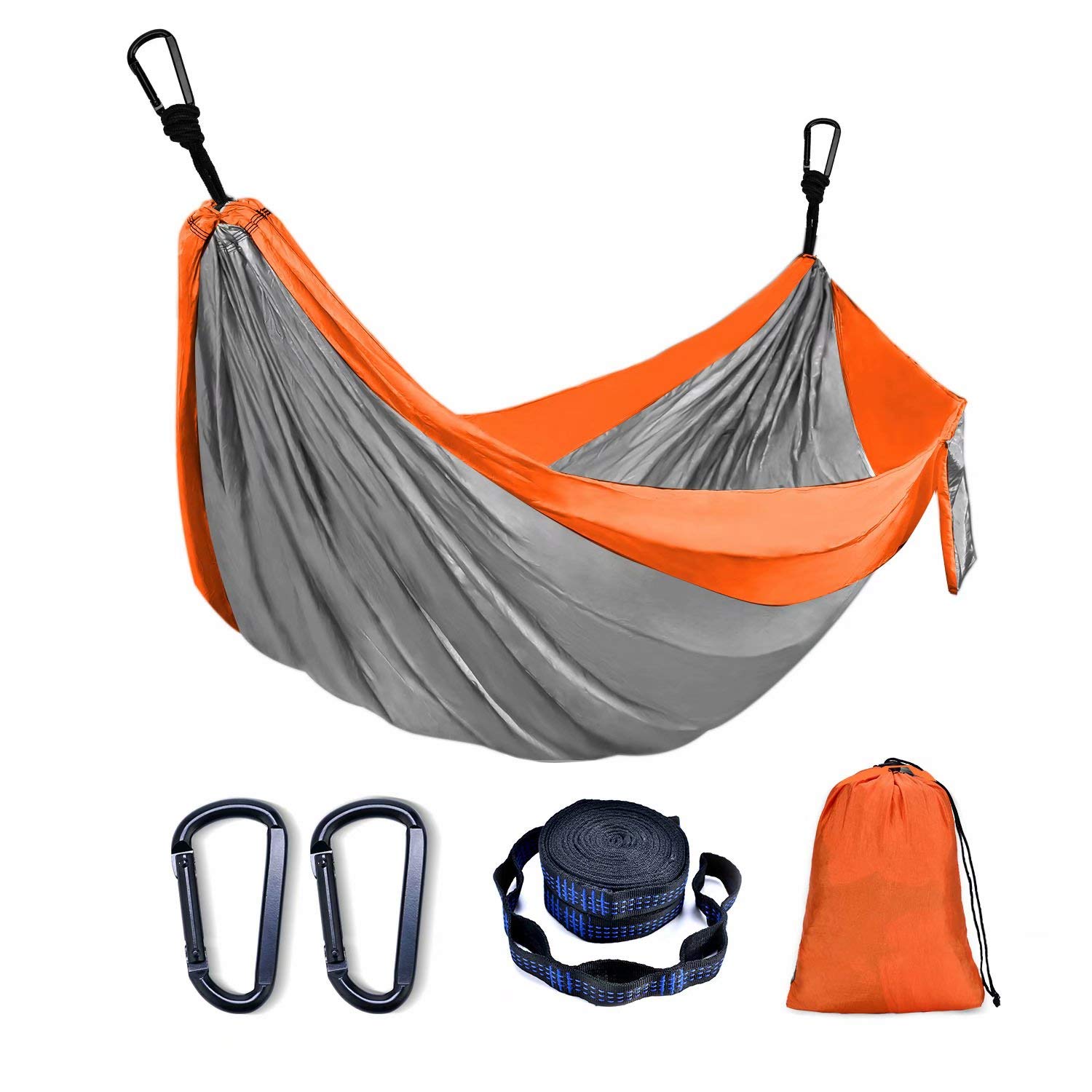 Camping Hammock Double, 660 lb Load Heavy Duty Portable Hammock Nylon Parachute Hammock for Indoor Outdoor Backpacking, Camping, Travelling, Beach, Backyard ,Portable(2 Tree Straps) Gray & Orange