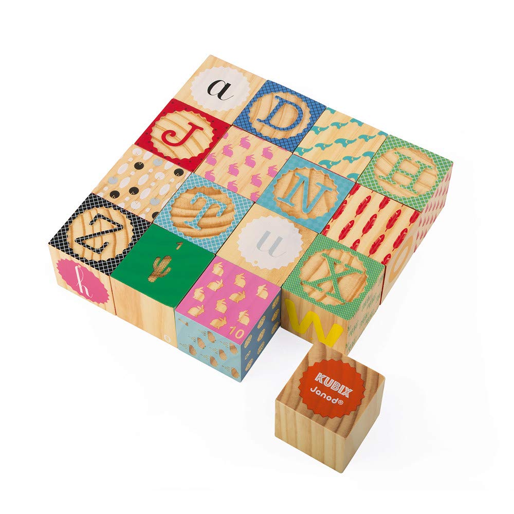 Janod Kubix 16 Wooden Alphabet and Numbers Blocks - Ages 2+ - J08078