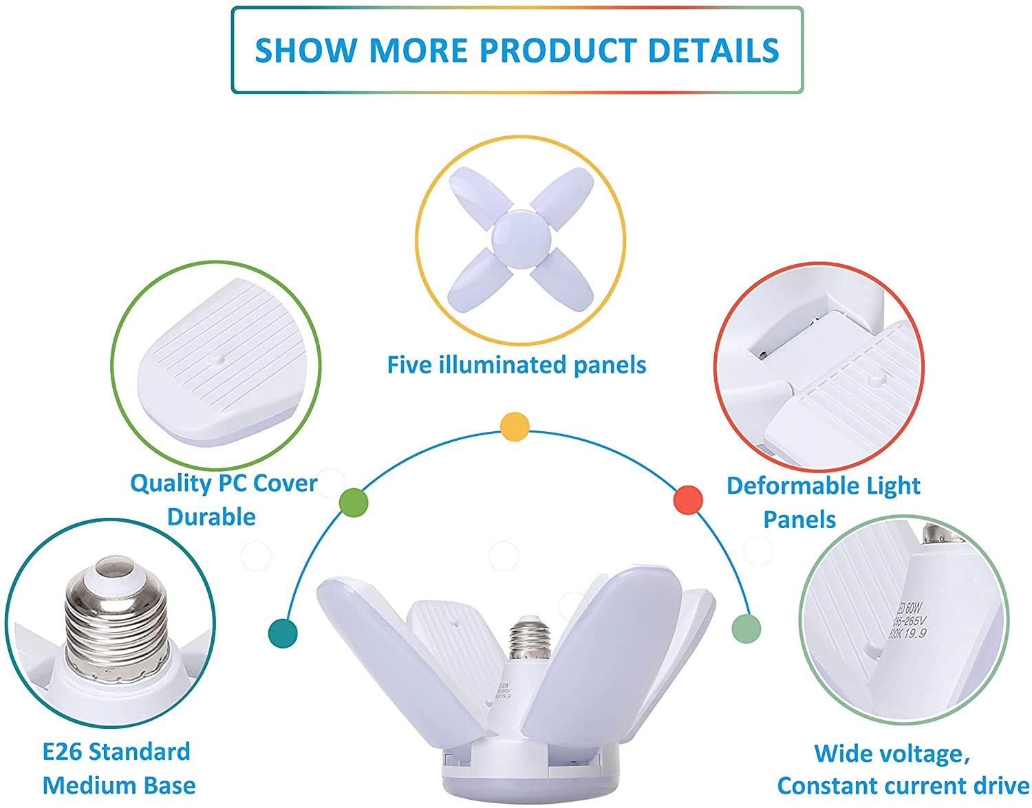 CESAILT LED Garage Lights Bulb 1 Pack, 60W Garage Lights Ceiling, 6000LM Garage Lighting, E26 Daylight Lamps with 4 Deformable Panels for Garage, Workshop, Basement, auto Shops Etc.