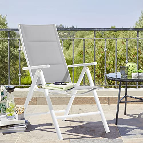 Soleil Jardin Folding Patio Chairs Set of 4, Aluminum Portable Reclining Lawn Chairs with Adjustable High Backrest & Soft Padding, Outdoor Dining Chairs for Porch Pool Yard, No Assembly, White & Gray