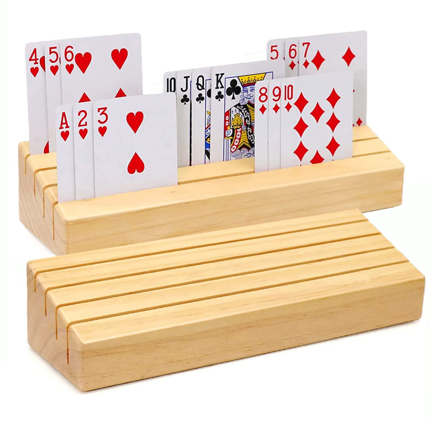 plusvivo Card Holders for Playing Cards Set of 2, Pine Solid Wooden Playing Card Holders for Adults Seniors Kids 9.84 X 3.15 X 2.25 Inch, Uno/ Canasta/ Bridge/ Hand and Foot Card Holder