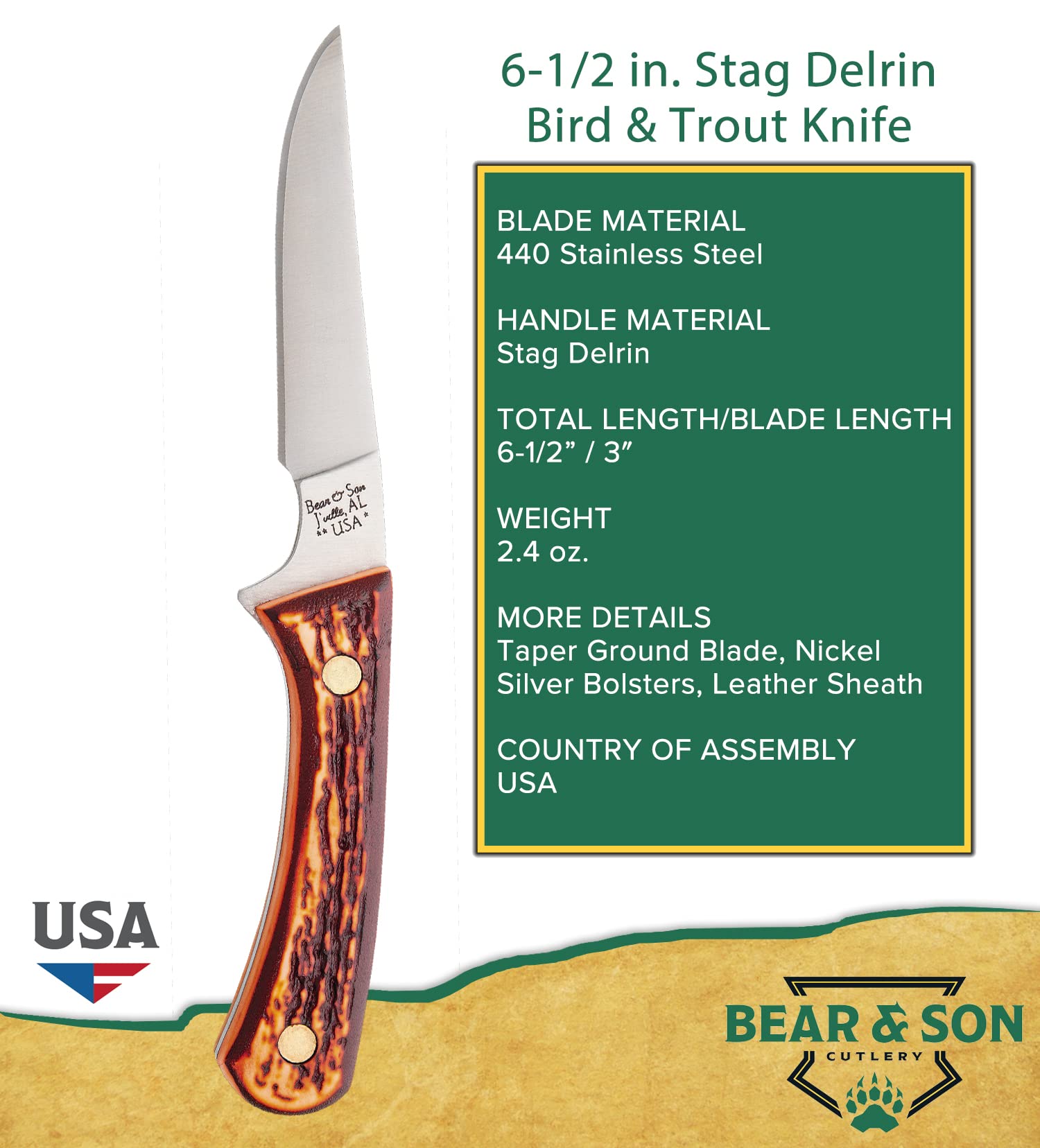 Bear & Son Cutlery 6 1/2” Bird and Trout Knife, 3” 440 High Carbon Stainless Steel Blade, Stag Delrin Handle, Leather Sheath (751)