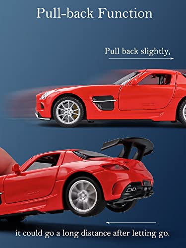 iLooboo Alloy Collectible Red Benz SLS AMG Toy Vehicle Pull Back Die-Cast Car Model with Lights and Sound