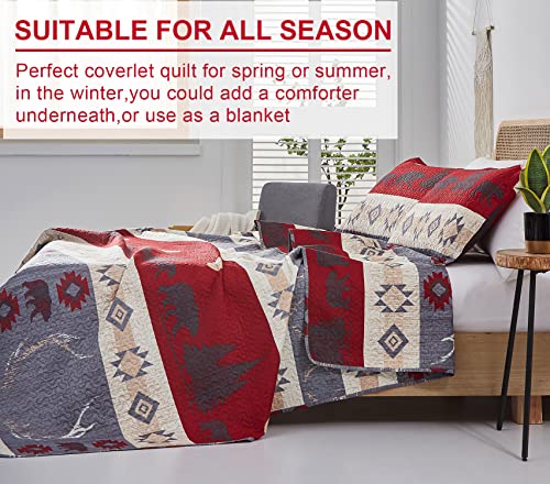 Ycosy Lodge Bear Quilt Set King Size Cabin Rustic Bedspread Coverlets Reversible Quilts Lightweight Lodge Bedding Set Bear Sunset Printed Bed Covers,1 Quilt + 2 Pillow Shams