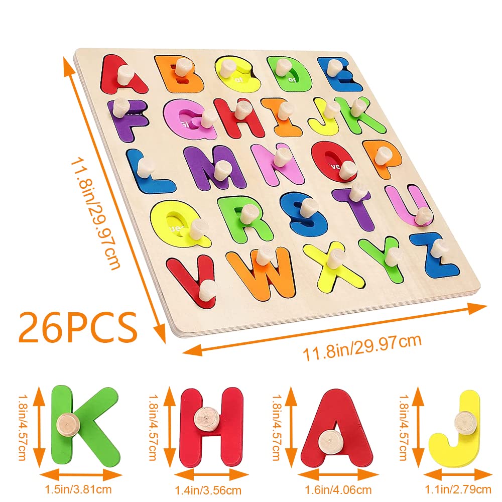 CCMTangHong Wooden Alphabet Puzzle ABC ,Letter Puzzle with Button,Montessori Matching Game Jigsaw Toy,Educational Early Learning Toy Gift for Preschool Year Old Kids