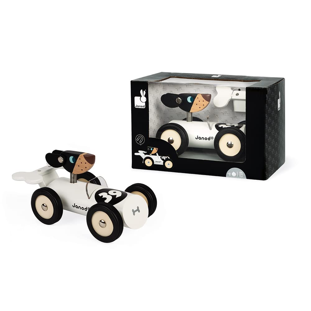 Janod Spirit Solid Car Push Toy with Bernard Dog - Ages 18 Months+ - J04491