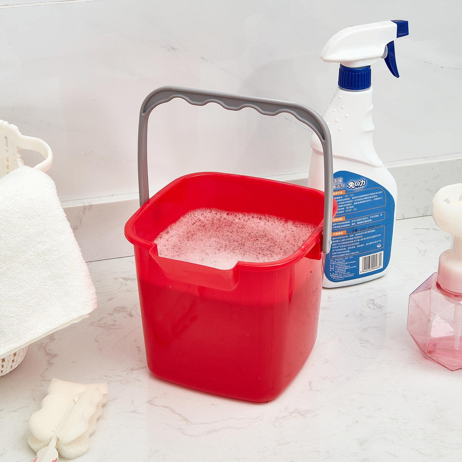 Irenare 8 Pcs Sanitizing Bucket 3 Quart Cleaning Bucket Small Detergent Square Bucket, Spout and Handle Plastic Utility Cleaning Pail for Kitchen Home Offices Commercial Use(Red)