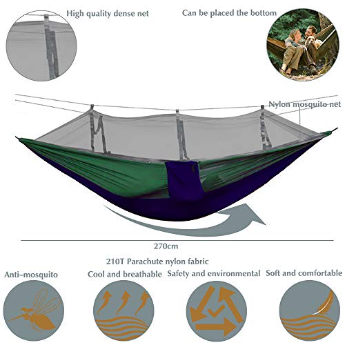 Camping Hammock, Double & Single Hammock with Bug Net/Mosquito, with Travel Portable Tree Straps and Carabiners, Easy Assembly, Lightweight Parachute Nylon Hammocks for Backpacking, Beach, Hiking
