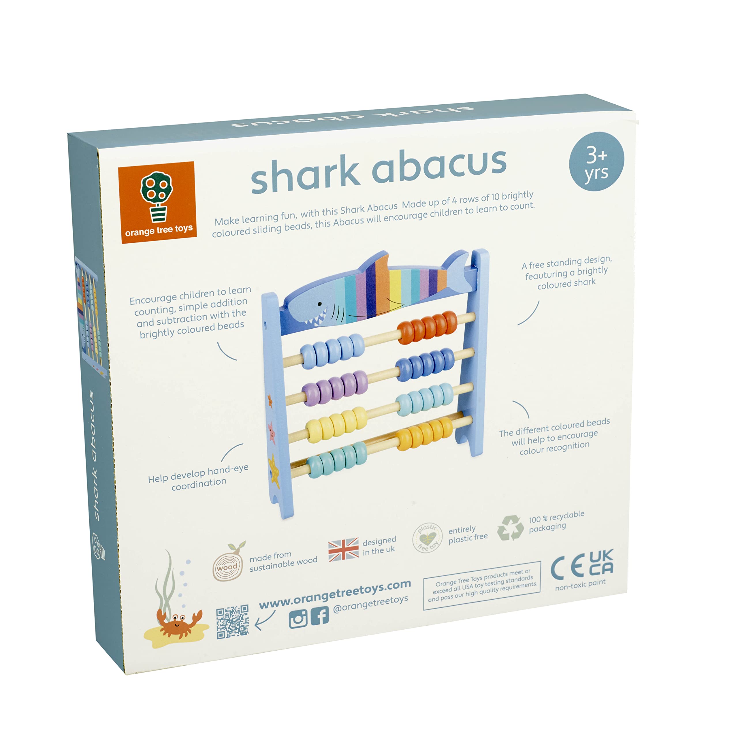 Orange Tree Toys Shark Wooden Abacus | Hand Painted Colorful Wooden Educational Puzzle Toy for Toddlers 3+, Sustainably Made, Perfect for Learning Math and Practicing Counting