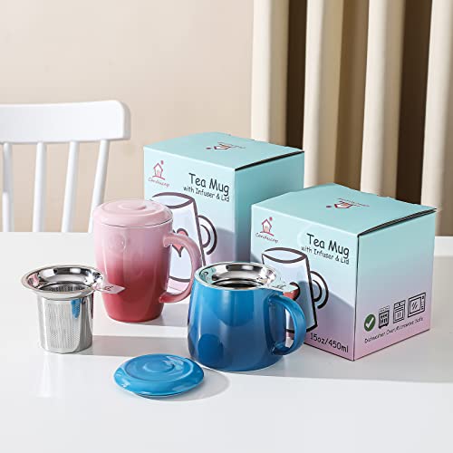 Candiicap Ceramics Tea Cup with Loose Leaf Infuser, Spoon and Lid, 15oz, Large Tea infuser Mug for Tea, Coffee, Milk-Microwave and Dishwasher Safe(15oz,Avocado Green)