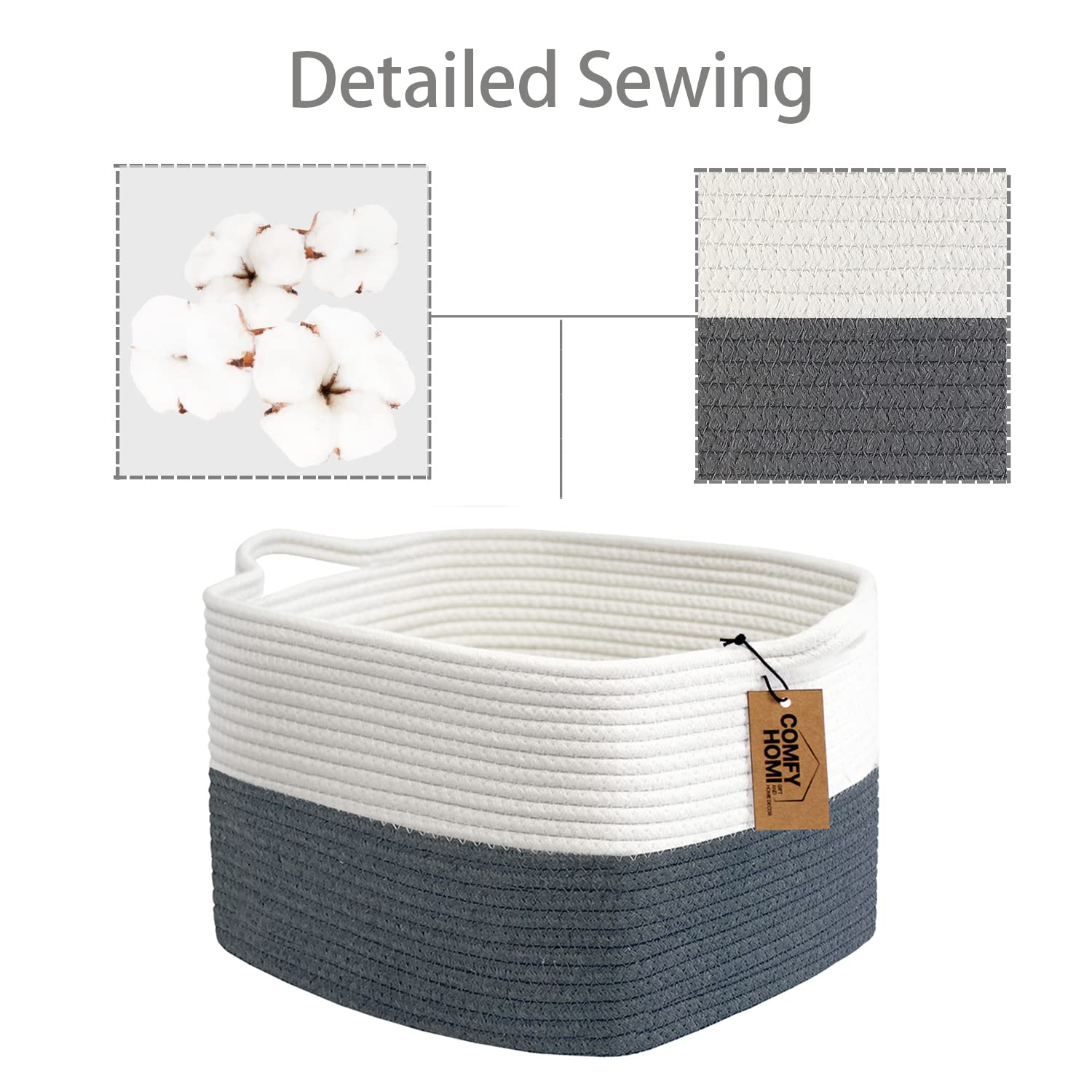 COMFY-HOMI Tall Rope Basket 18X16”(White and Grey)And Square cotton rope basket 13.5X11X9.5” with Handle (White and Dark Grey)