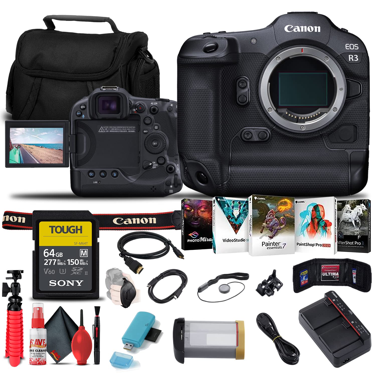 Canon EOS R3 Mirrorless Camera (4895C002) + Sony 64GB Tough SD Card + Card Reader + Corel Photo Software + HDMI Cable + Case + Flex Tripod + Hand Strap + Cap Keeper + Memory Wallet + More (Renewed)