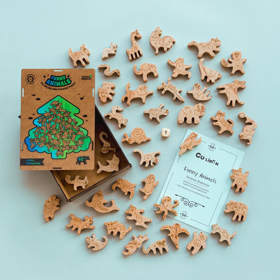 Stacking Blocks 42 pcs Large Gift Set Wooden Balancing Game Funny Animals Building Blocks Wooden Kids Blocks in Gift Box Balance Toy Stack Game Holiday Birthday Gift Wooden Stacking Toy Funny Anim-42