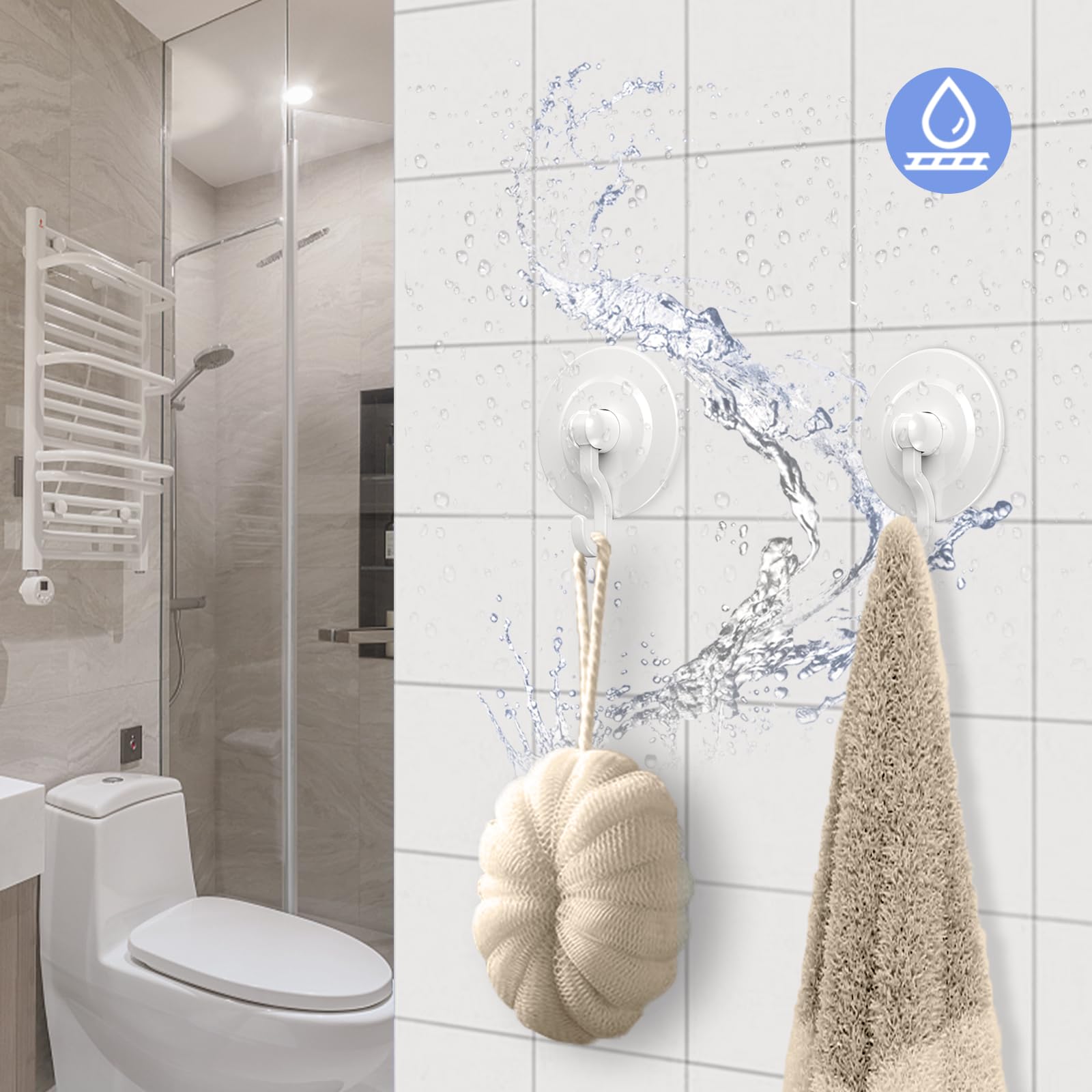 CHOOBY Adhesive Hooks Wall Ceiling: Heavy Duty Damage-Free No-Drill Waterproof Self Stick Cabinet Hook Hanging Small Plant Towel Lights Coat for Door Shower Bathroom Kitchen - 4Pack White
