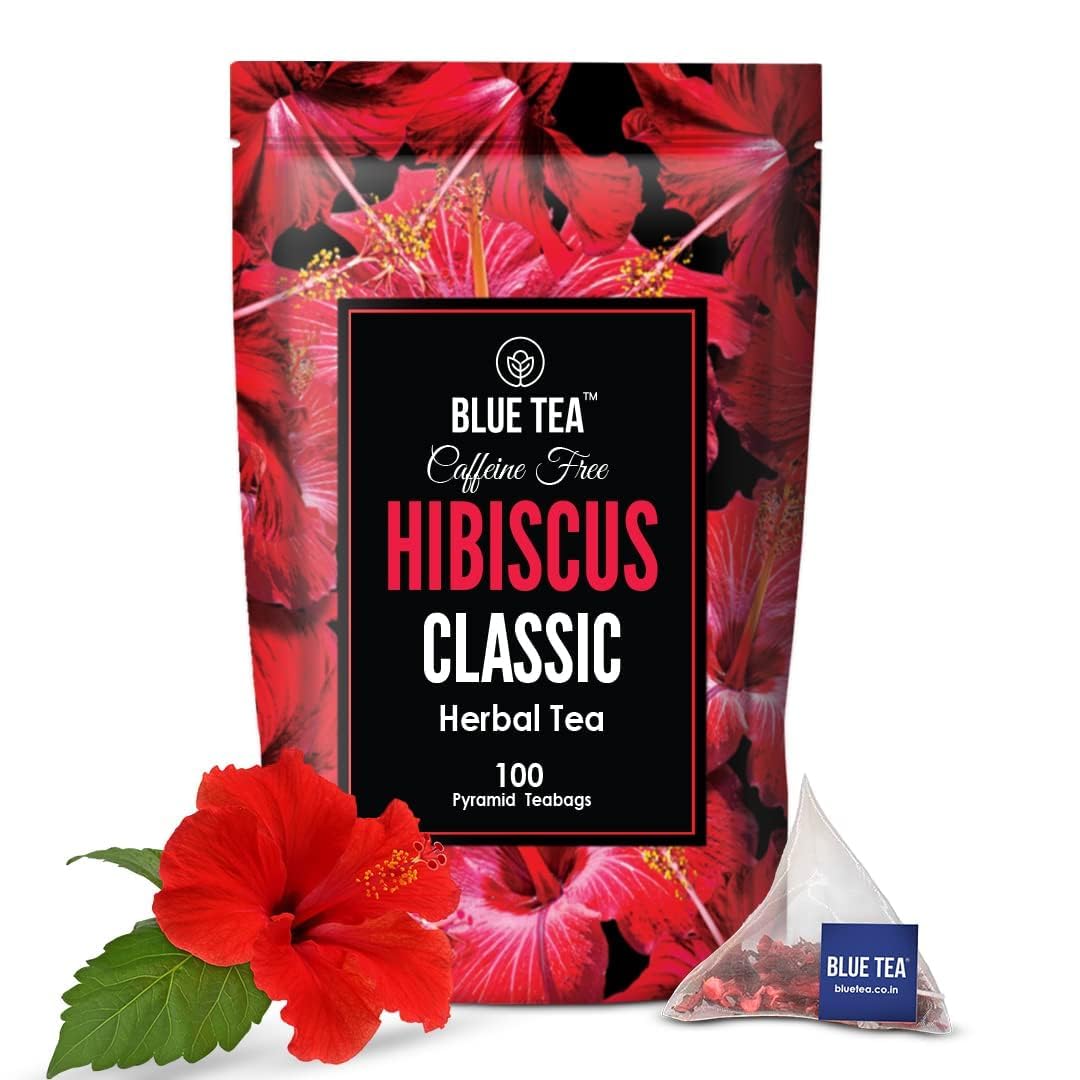 BLUE TEA - Hibiscus Classic Herbal Tea - 100 Plant Based Tea Bags || SKIN GLOW ENHANCING TEA || Caffeine Free - Flower Based - Vegan - Non-Bitter - Natural Ingredients | Zipper Pack
