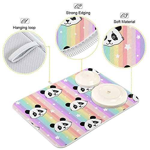 Cartoon Panda Rainbow Stripe Dish Drying Mat Counter Mats for Kitchen Dish Drainer Tray Heat Resistent Mat Terry Cloth Dish Drying Mat 18 x 24