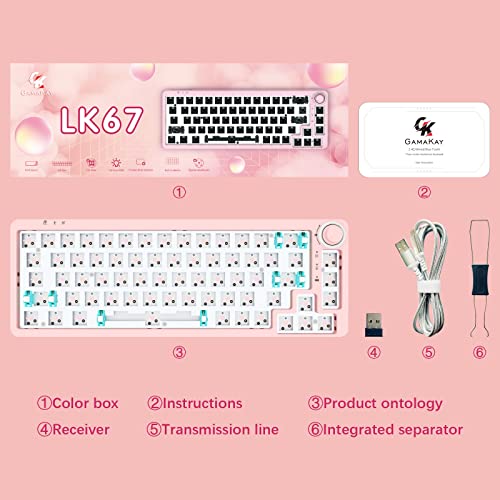 GK GAMAKAY LK67 65% RGB Modular DIY Mechanical Keyboard, 67 Keys Hot Swappable 3pin/5pin Switch, Programmable Triple Mode Bluetooth 5.0/USB-C Wired/2.4GHz Wireless Customized Keyboard Kit (Pink)