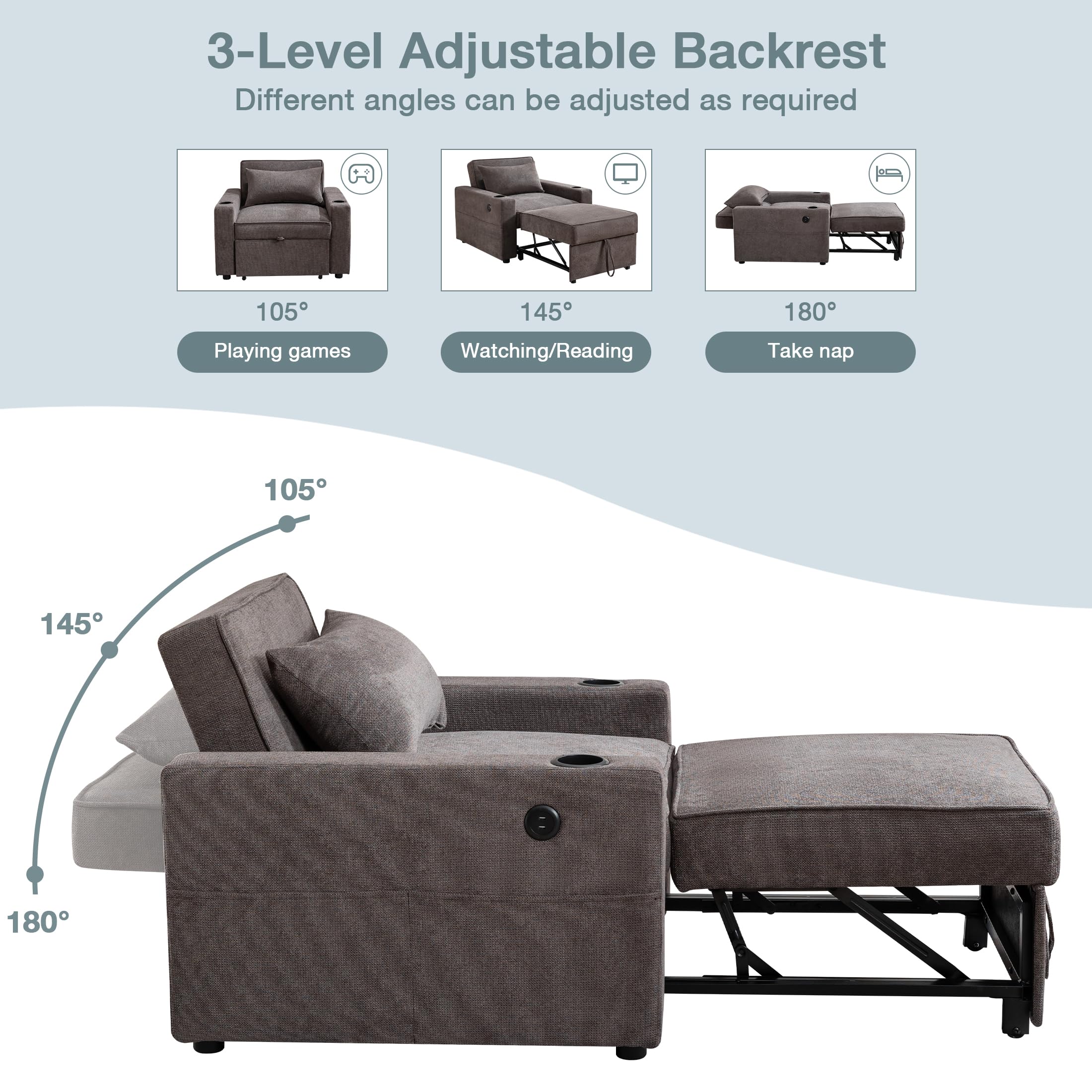 BOSMILLER Convertible Sofa Bed, 3-in-1 Pull-Out Sleeper Sofa, Adjust Backrest Futon Couch with Massage Heating Pillow, USB, Side Pocket, Cup Holder, for Living Room/Office/Small Apartment