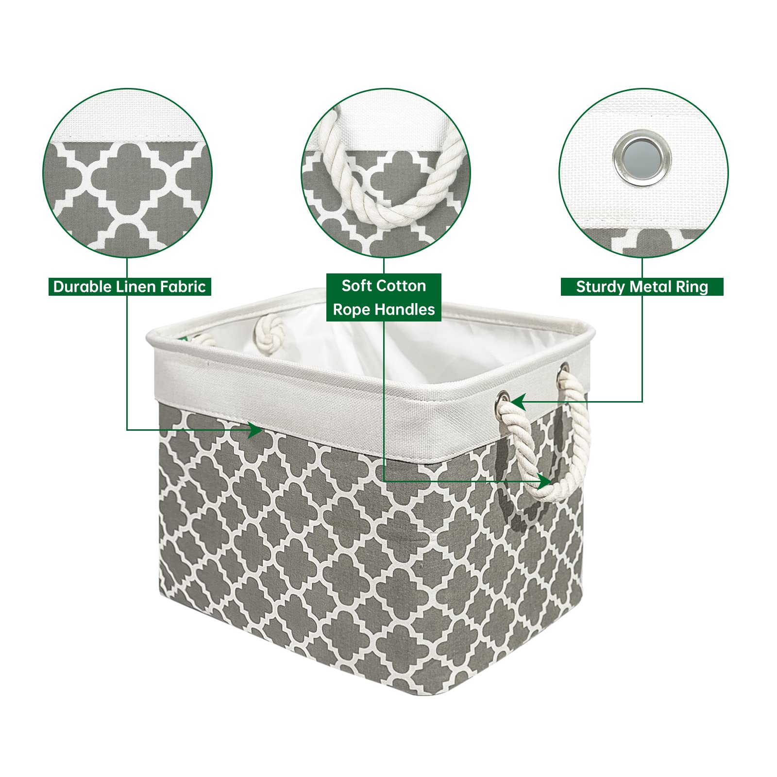 Cozyaver Storage Baskets for Shelves, 13'' x 13'' x 13'' Cube Organizing Closet Nursery Toy Decorative Linen Fabric Organizers with Cotton Handles, 3 Pack Grey Clover