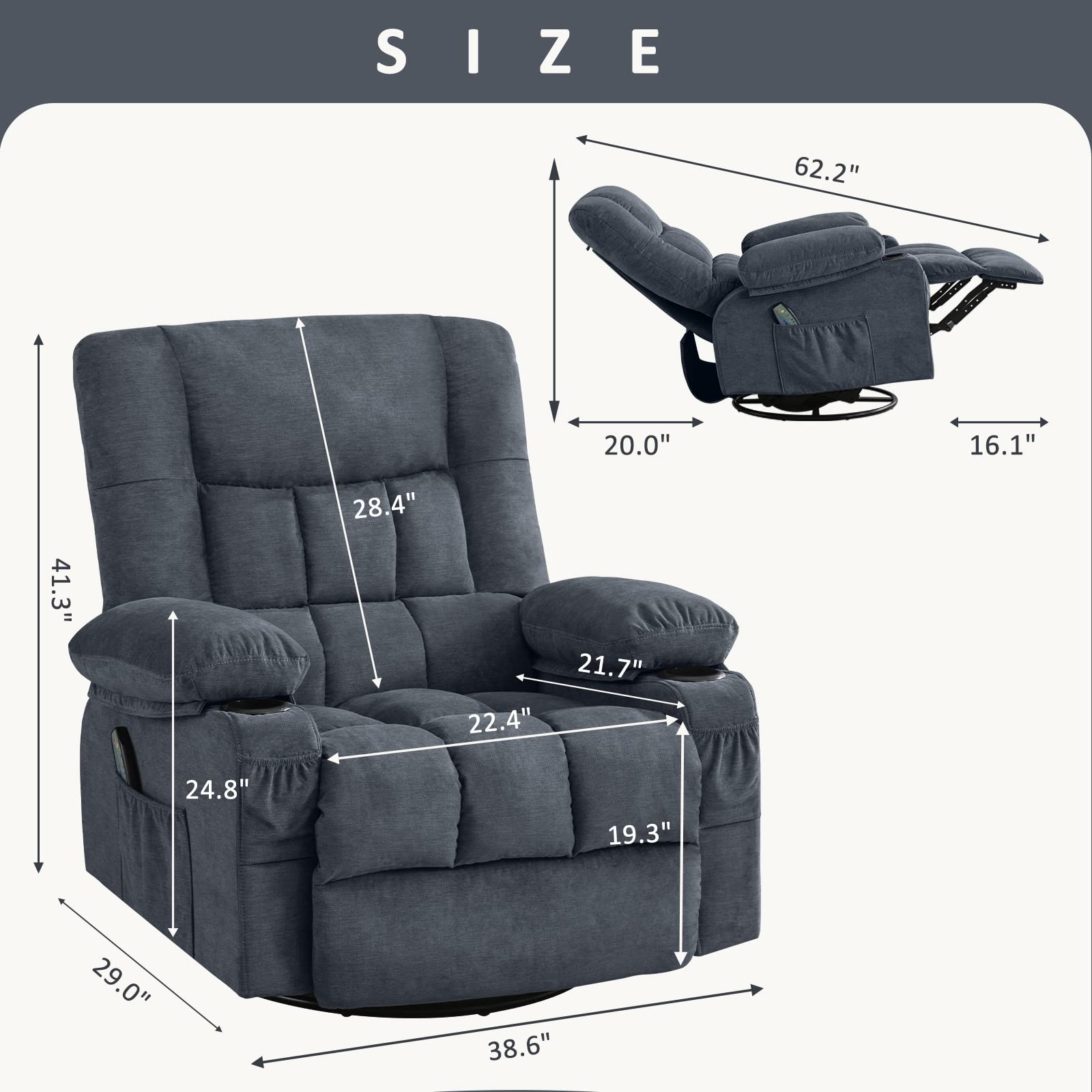 BOSMILLER Massage Swivel Rocker Recliner Chair with Vibration and Heat Ergonomic Lounge for Living Room Rocking Function Side Pocket, 2 Cup Holders, USB Charge Port, Blue