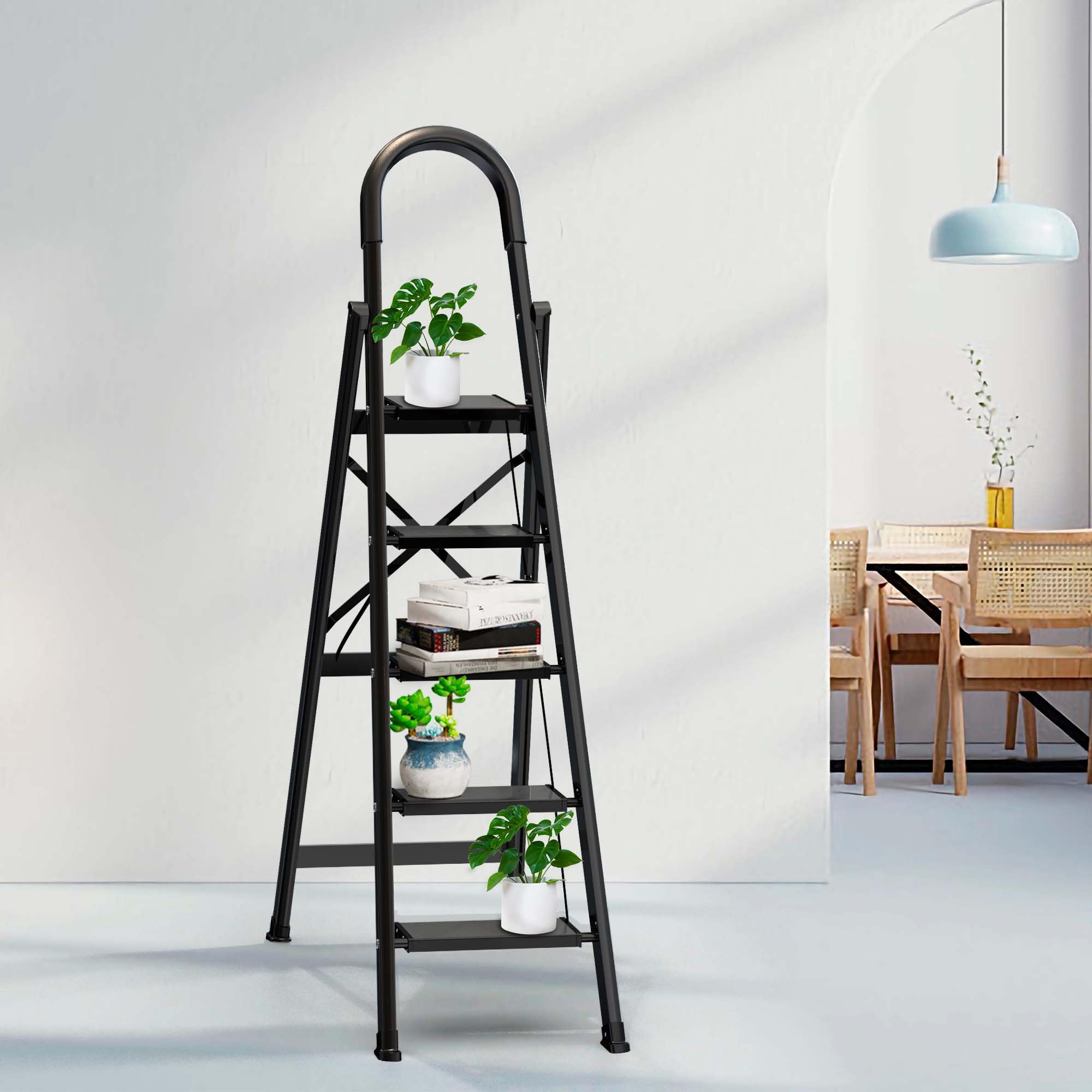 GameGem Lightweight Aluminum 5 Step Ladder Folding Step Stool with Convenient Handgrip Stepladders for 10 Foot High Ceiling with Anti-Slip and Wide Pedal for Home Use Space Saving - Brown Gold