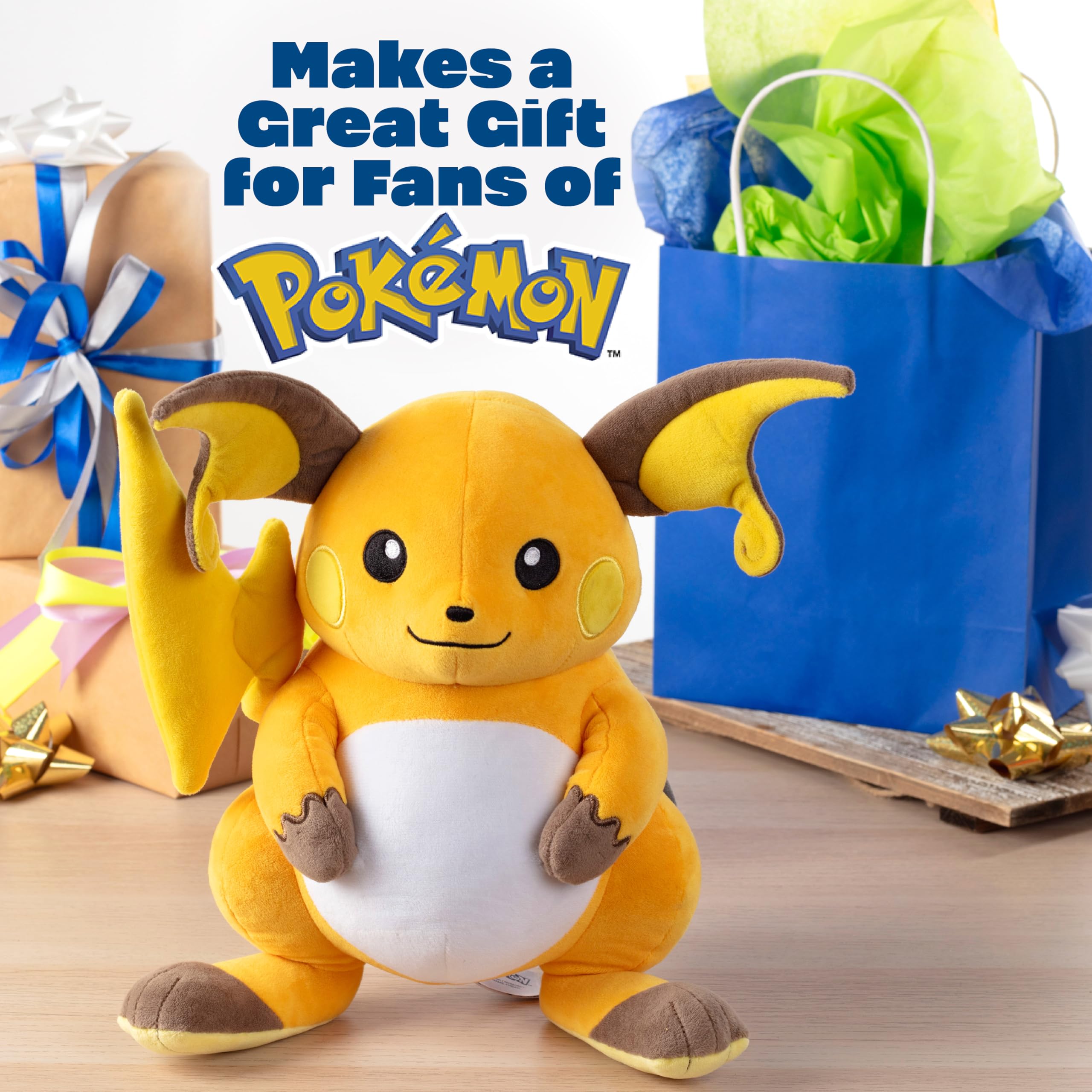 Pokemon 12" Large Raichu Plush - Officially Licensed - Pikachu Evolution Figure - Authentic Soft 12-Inch Stuffed Animal Toy - Valentine's Day & Easter Basket Stuffer Gift for Kids, Boys, Girls - 2+