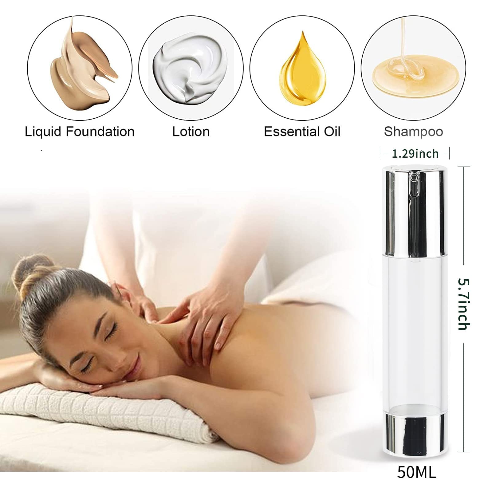 longway 1.7oz/50ml Airless Pump Bottles Silver Airless Cosmetic Cream Pump Bottle Travel Size Dispenser Refillable Containers(Pack of 6)