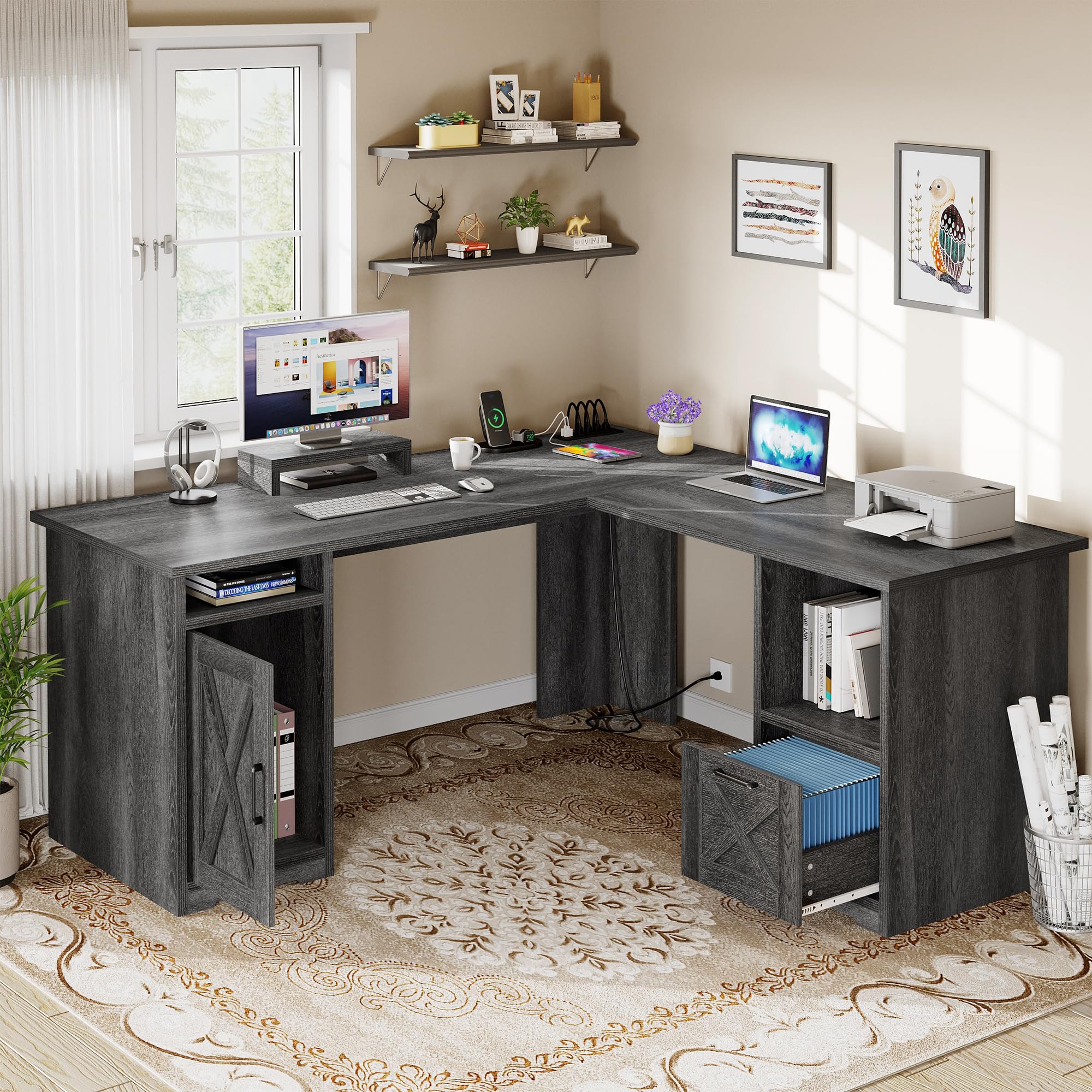 YITAHOME L Shaped Desk with Power Outlets, 60 Inch Computer Desk Corner Desk with File Drawer, Home office Desk with Monitor Stand & Storage Shelves, Large L-Shaped Office Desk with File Cabinet, Grey