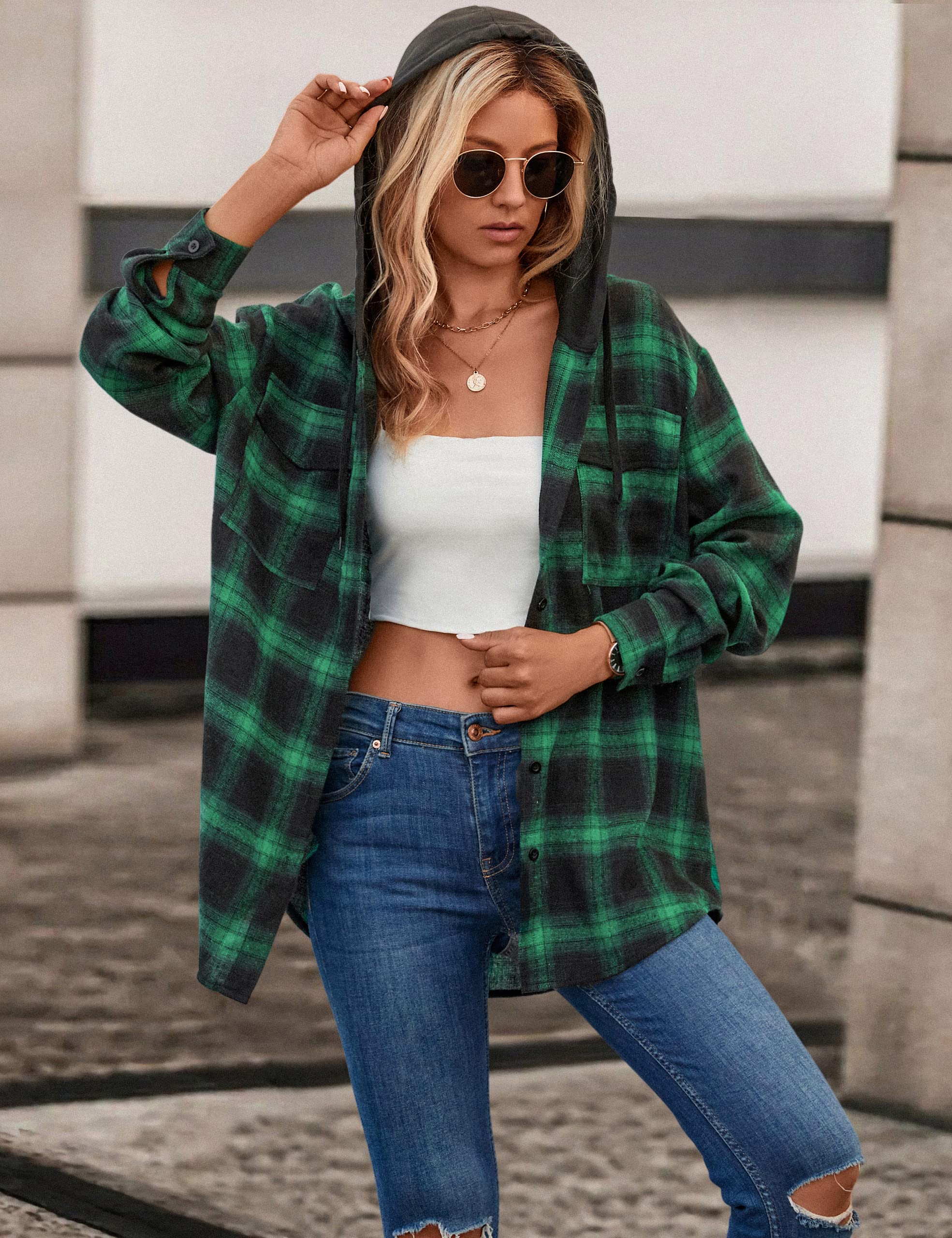 Blooming Jelly Women's Flannel Shirts Plaid Shacket Oversized Button Down Shirt Hooded Long Sleeve Tops 2023 Fall Winter Outfits (Black Plaid,Large)