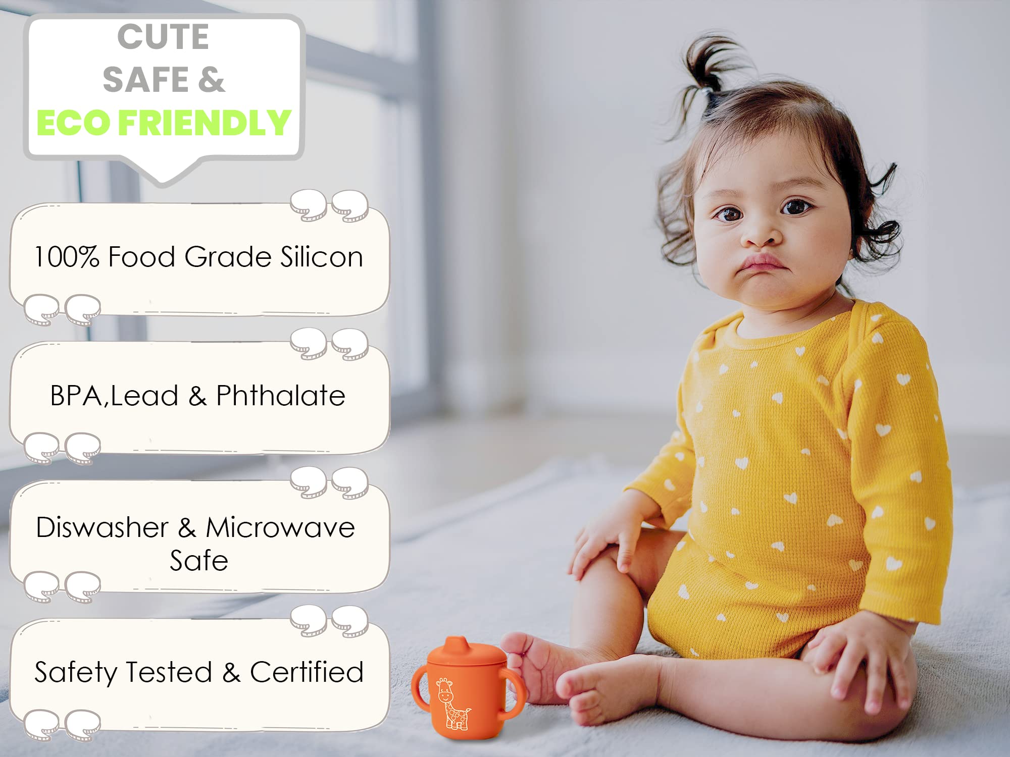 BAYBEE Silicone Sippy Cup with Handles & Spout Lid | Toddler Training & Transition Cup | Kids Feeding Straw Cup | No Spill Leak Proof Cups for Baby Infant Child | 5 Oz | 6 Months +