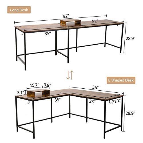 KOTPOP L Shaped Desk, 92β Home Office Computer Desk, Gaming Desk Reversible Corner Gaming Computer Desk with Monitor Stand, Sturdy Writing Workstation Table 3 Cable Holes, Rustic Brown