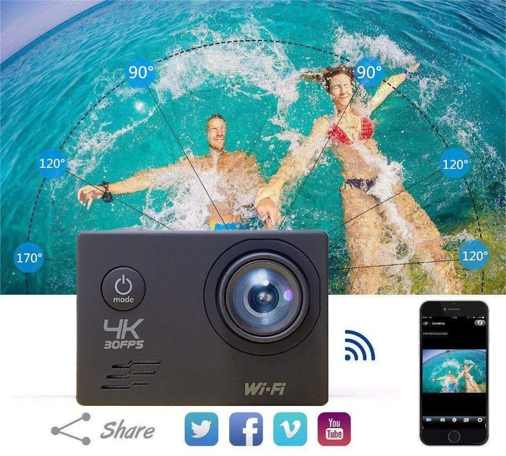 bockstone Action Camera 4K Ultra HD Camera, EIS Sports Camera Underwater 30M Waterproof 170° Wide-Angle Lens, 1 1050mAh Batteries and Installation Kit.