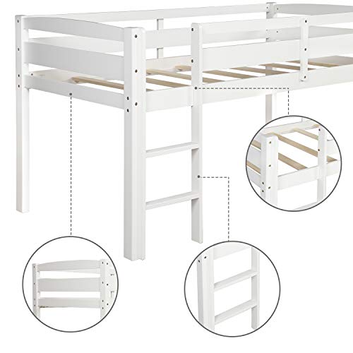 Merax LUMISOL Junior's Low Loft Bed for Kids, Twin Loft Bed with Guard Raill and Built-in Ladder, Bed Bedroom Furniture (White)