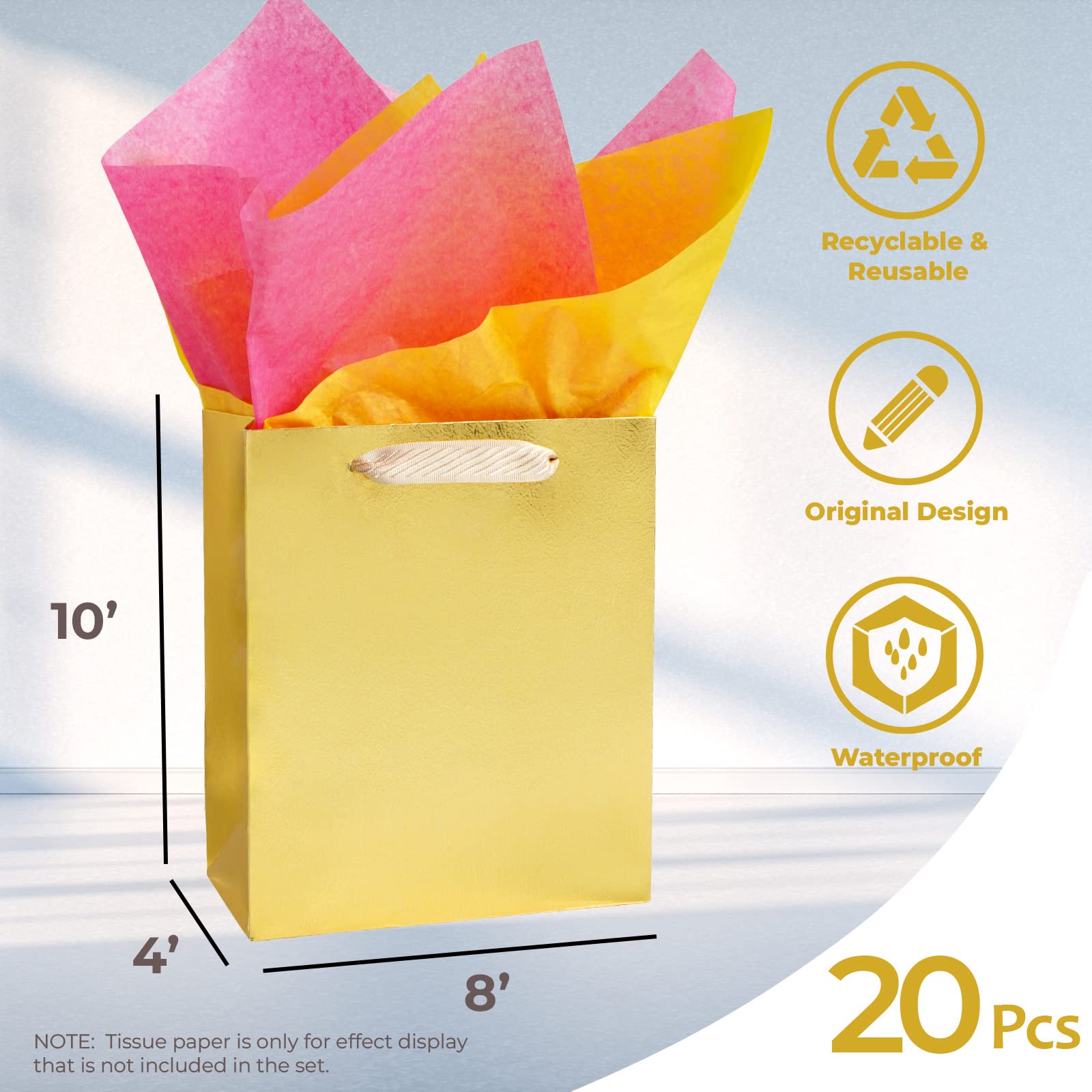 UnicoPak Gold Gift Bags Medium Size 8x4x10 20Pcs, Glossy Finish Waterproof Surface with Embossed Pattern, Gift Bags with Handles Gold Gift Bags for Birthday, Party, Wedding, Shopping