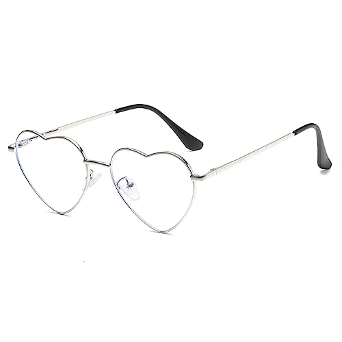 JOVAKIT Heart Shaped Blue Light Blocking Glasses for Women Fashion Vintage Lovely Style Metal Frame Eyeglasses (Silver)