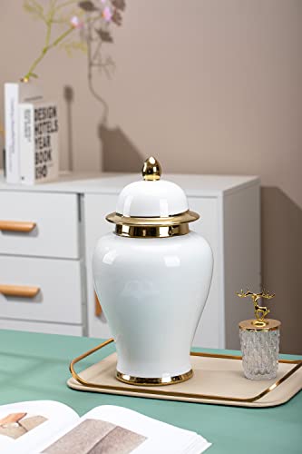 GaLouRo White Ginger Jar with Gold Trim, Ginger Jar Vase Decor for Centerpiece Table Decorations,Living Room Decor, Shelf Decor,15inches