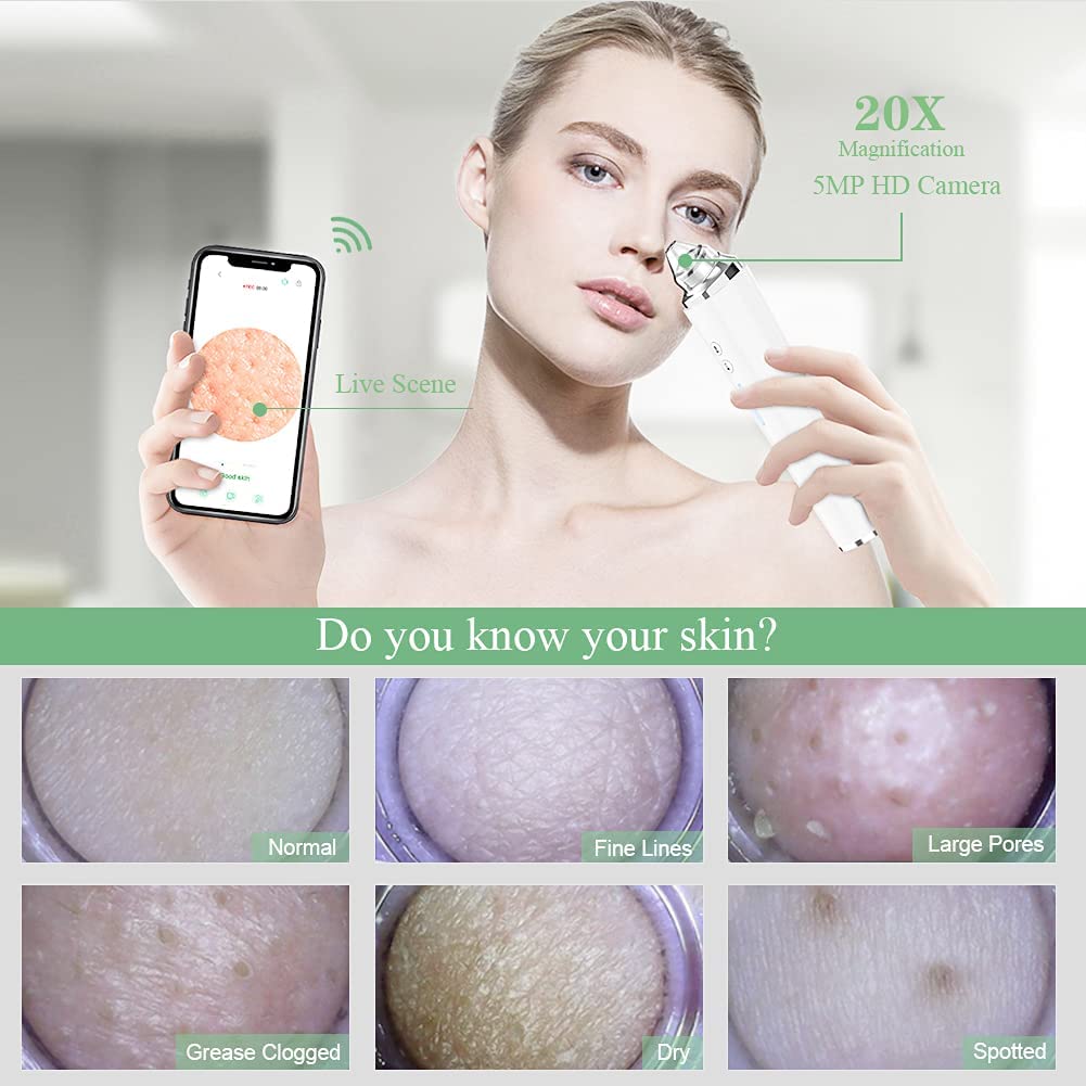 Blackhead Remover Pore Vacuum, 【[FDA Certification] 】WiFi Visible Facial Pore Cleanser with HD Camera Pimple Acne Comedone Extractor Kit with 6 Suction Heads Electric Blackhead Suction Tool