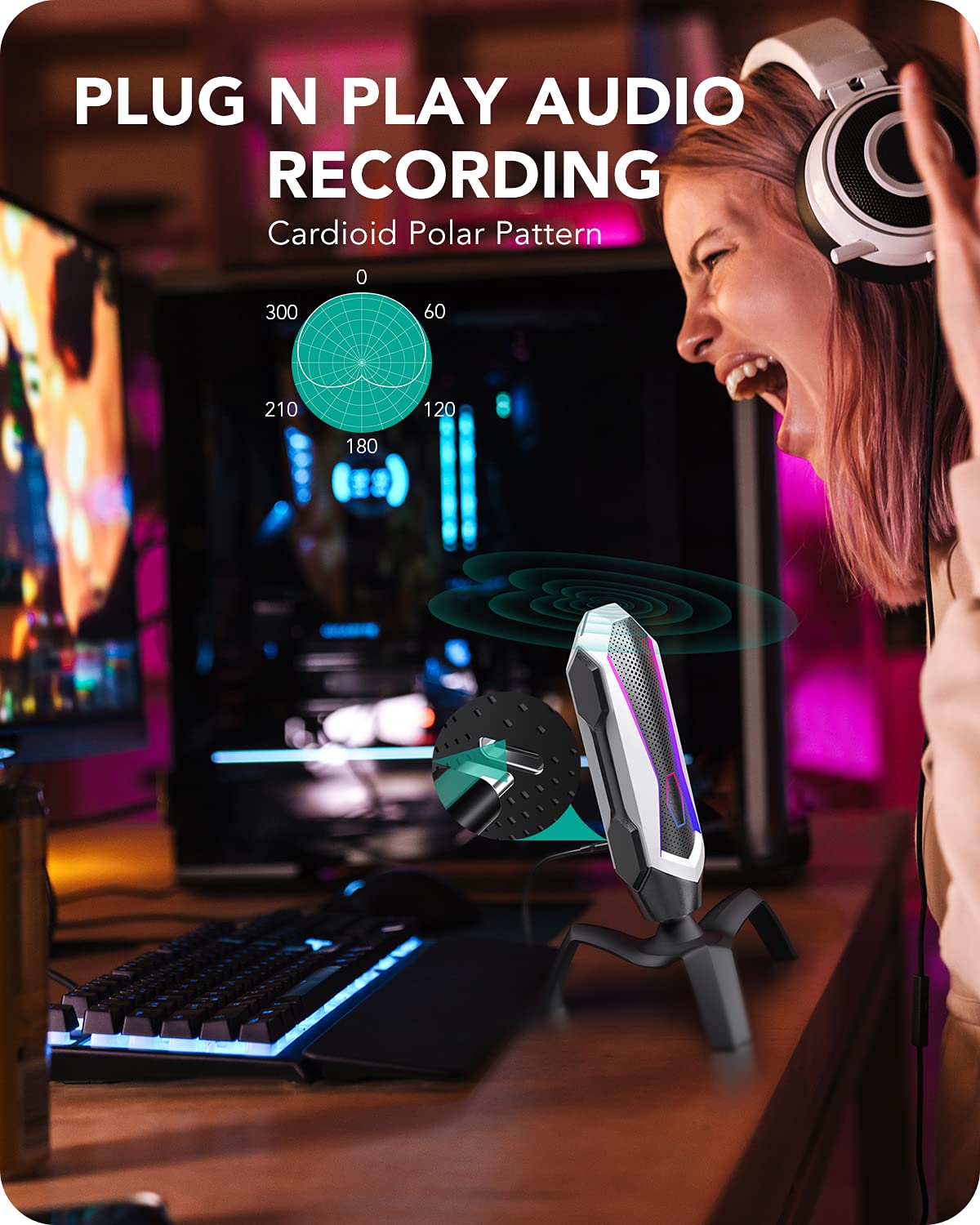 PoP voice USB Microphone, Condenser Gaming Mic for PC, PS4 and Mac, with Tap-to-Mute Sensor and Tripod Stand, Best for Games, Streaming, Podcasts, Twitch, YouTube, Discord, OBS, TeamSpeak
