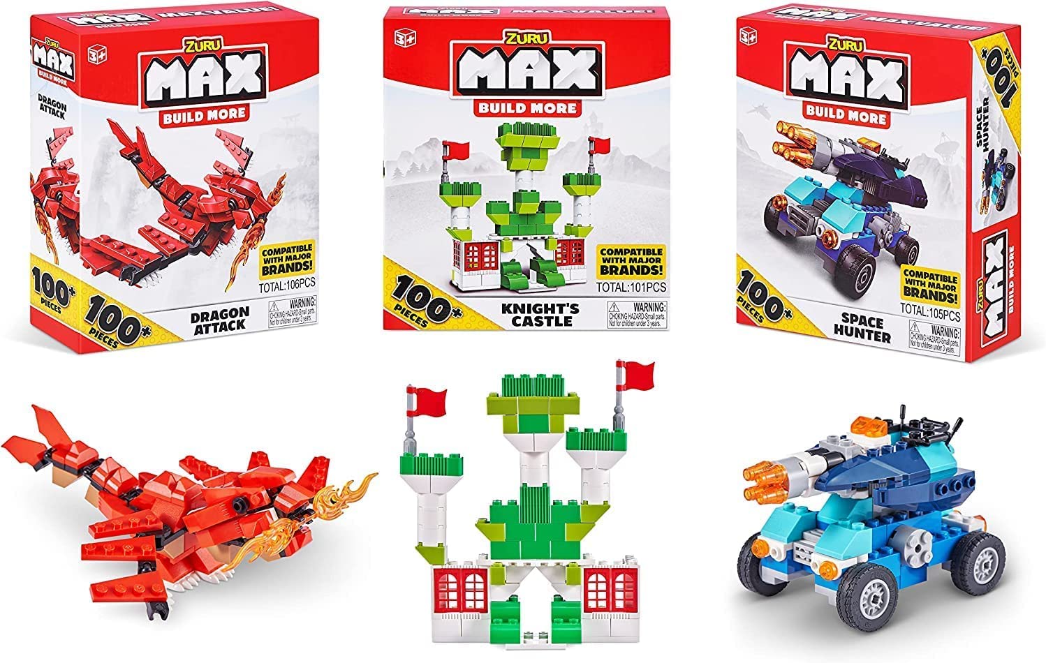 Max Build More Construction Themed 100 Pc Brick Set (3 Pack) by ZURU Over 300+ Toy Building Blocks, 3 Models to Build, Dragon Attack, Green Castle, and Space Car (Compatible with Major Brands)
