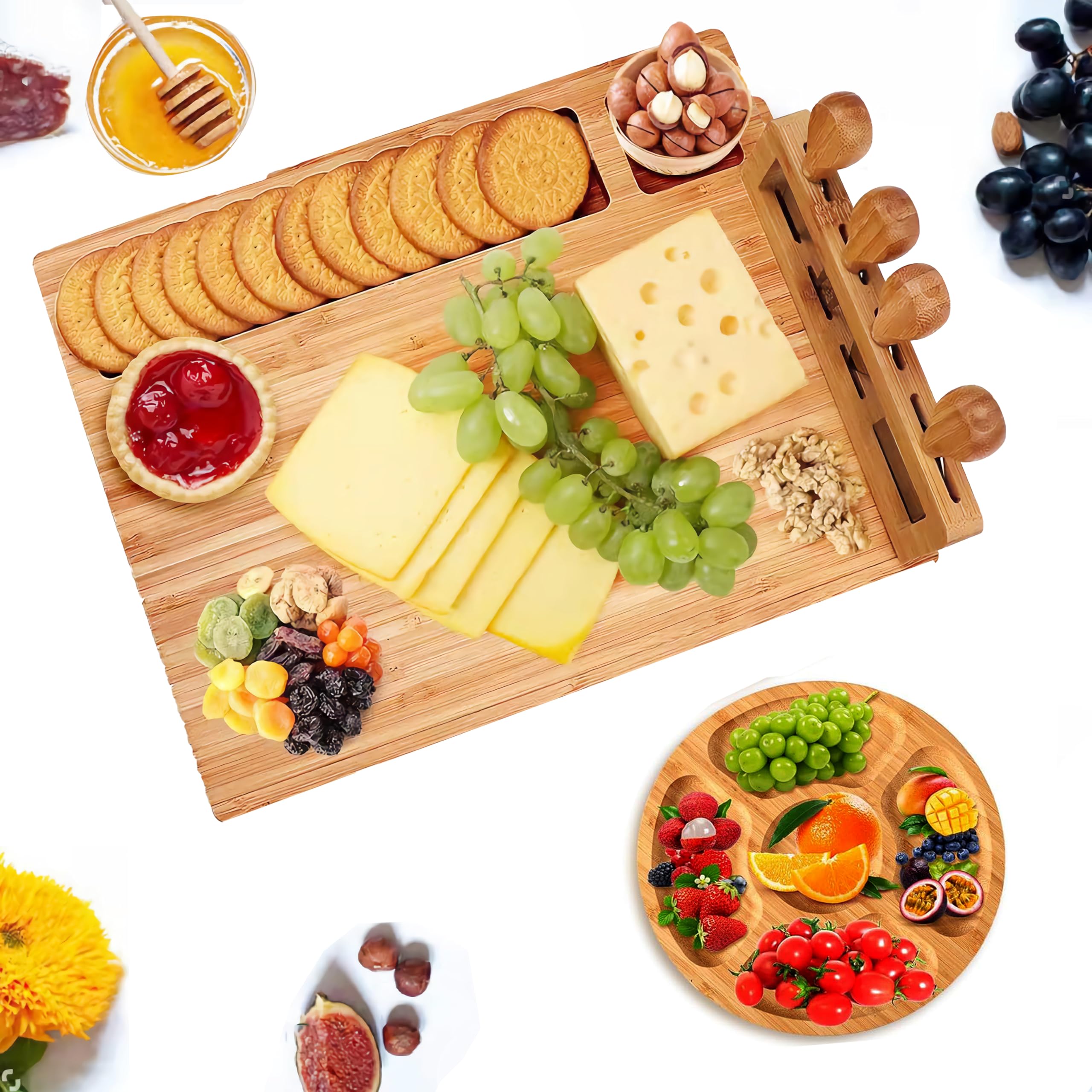 Cheese Board and Knife Set,Bamboo Charcuterie Board Set with Round Tray,Cheese Platter Serving Tray,Cheese Plate Set,Perfect, Birthday,Housewarming