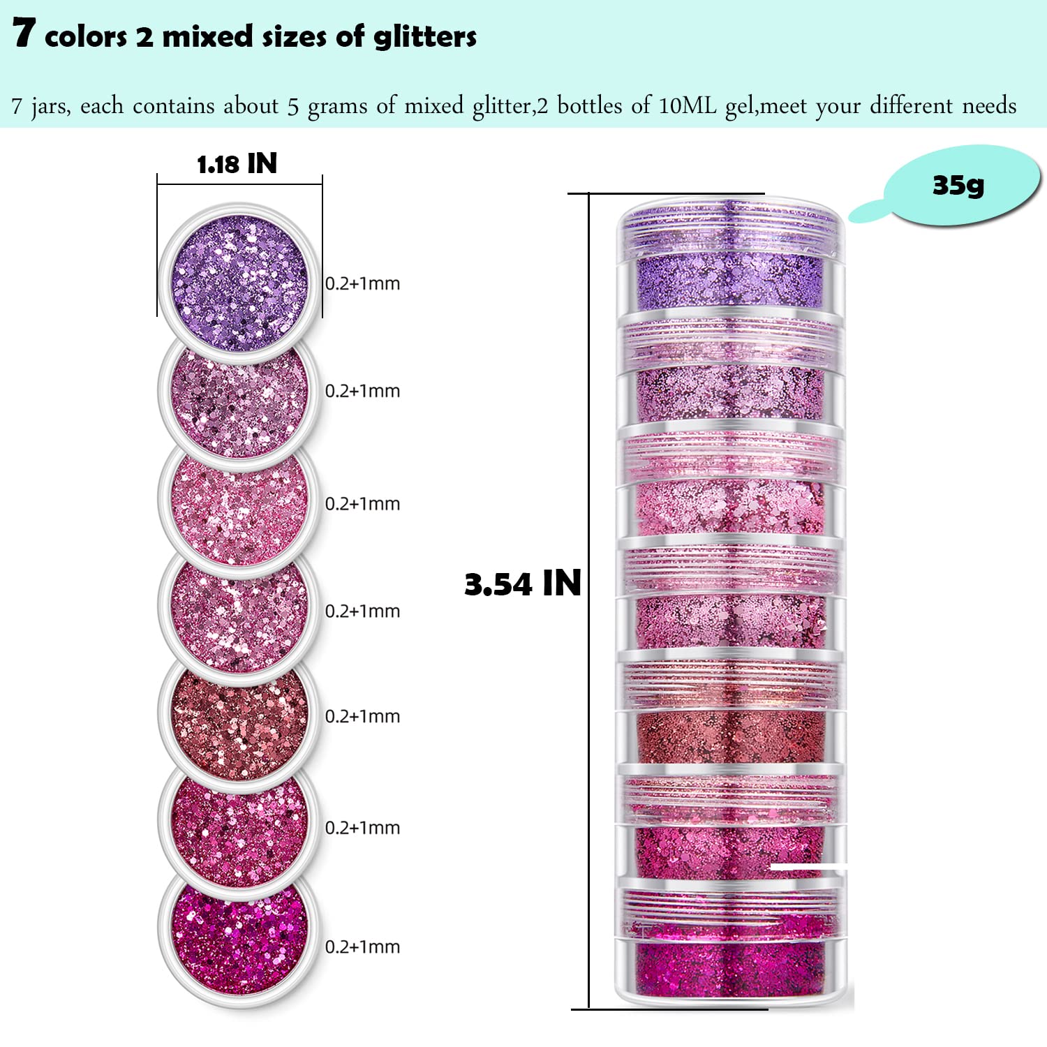 Body Glitter+Gel Kit,JASSINS Holographic Face Glitter,7 Style Fine Glitter for Art Nail,Hair, Eye,Eyeshadow Makeup.(Color-1)