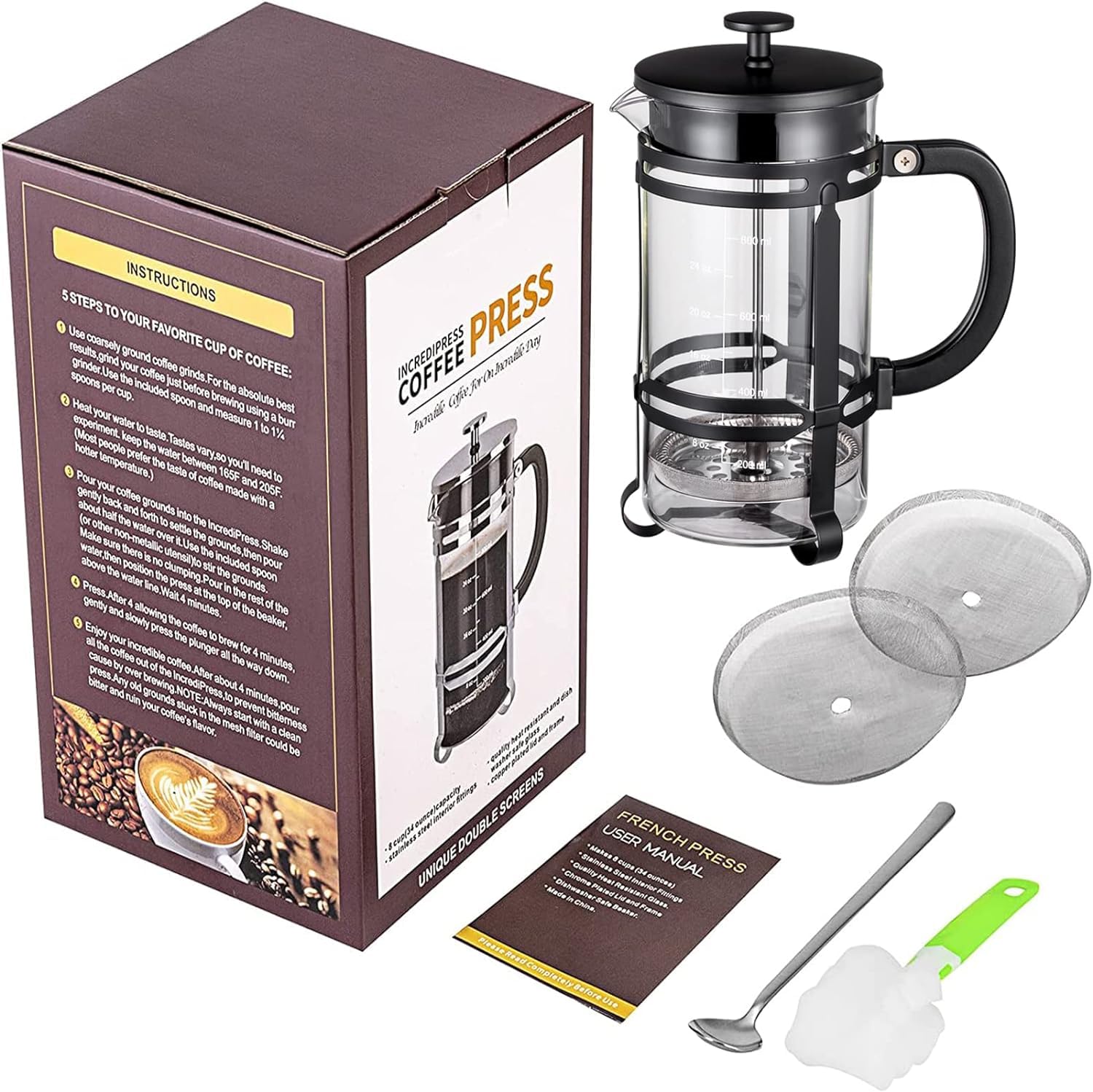French Press Coffee Maker (34 oz) with 4 Filters - 304 Durable Stainless Steel,Heat Resistant Borosilicate Glass Coffee Press,BPA Free,Black(include 1 cleaning brush,1spoon and 2 spare filter screen