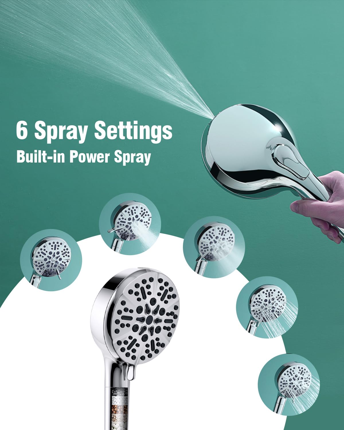 Diiwet Filtered Shower Head with Handheld, High Pressure Shower Heads with Filter for Hard Water, 6 Spray Modes Detachable Showerhead with Hose and Bracket (Chrome Polished)