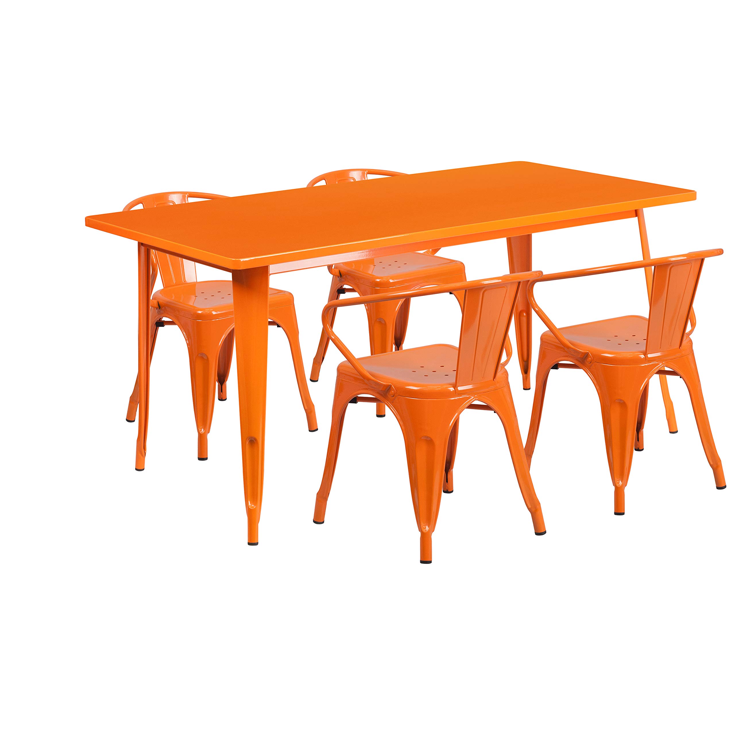 EMMA + OLIVER Commercial Grade Rectangular Orange Metal Indoor-Outdoor Table Set-4 Arm Chairs