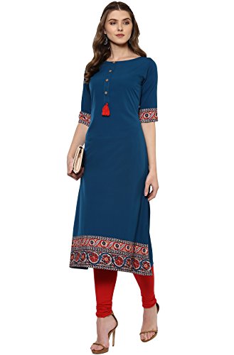 Janasya Indian Women's Tunic Tops Crepe Kurti For Women(JNE2100-KR-144-L) Turquoise