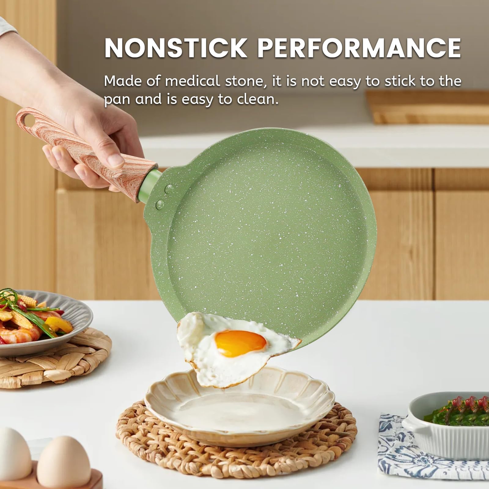 FTNESGYM Egg Pan Frying Pan Set, 7" 8.5" and 10" 3 Pieces Nonstick Crepe Pan Set, Omelet Pans, Flat Pan for Tortillas, Omelette, Pancake, Gas Stove Induction Compatible (Green)
